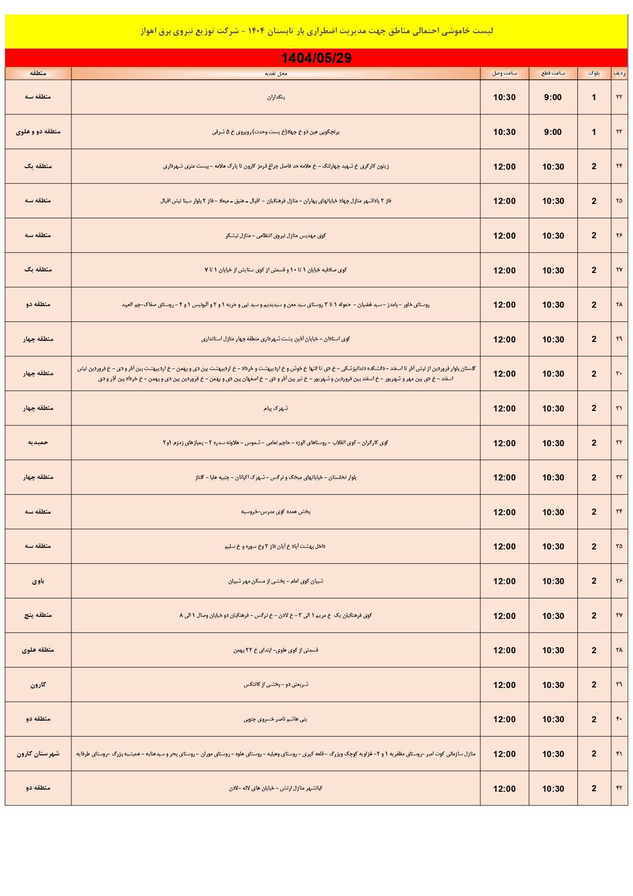 جدول قطعی برق اهواز امروز چهارشنبه 29 مرداد 1404 - قاب فردا