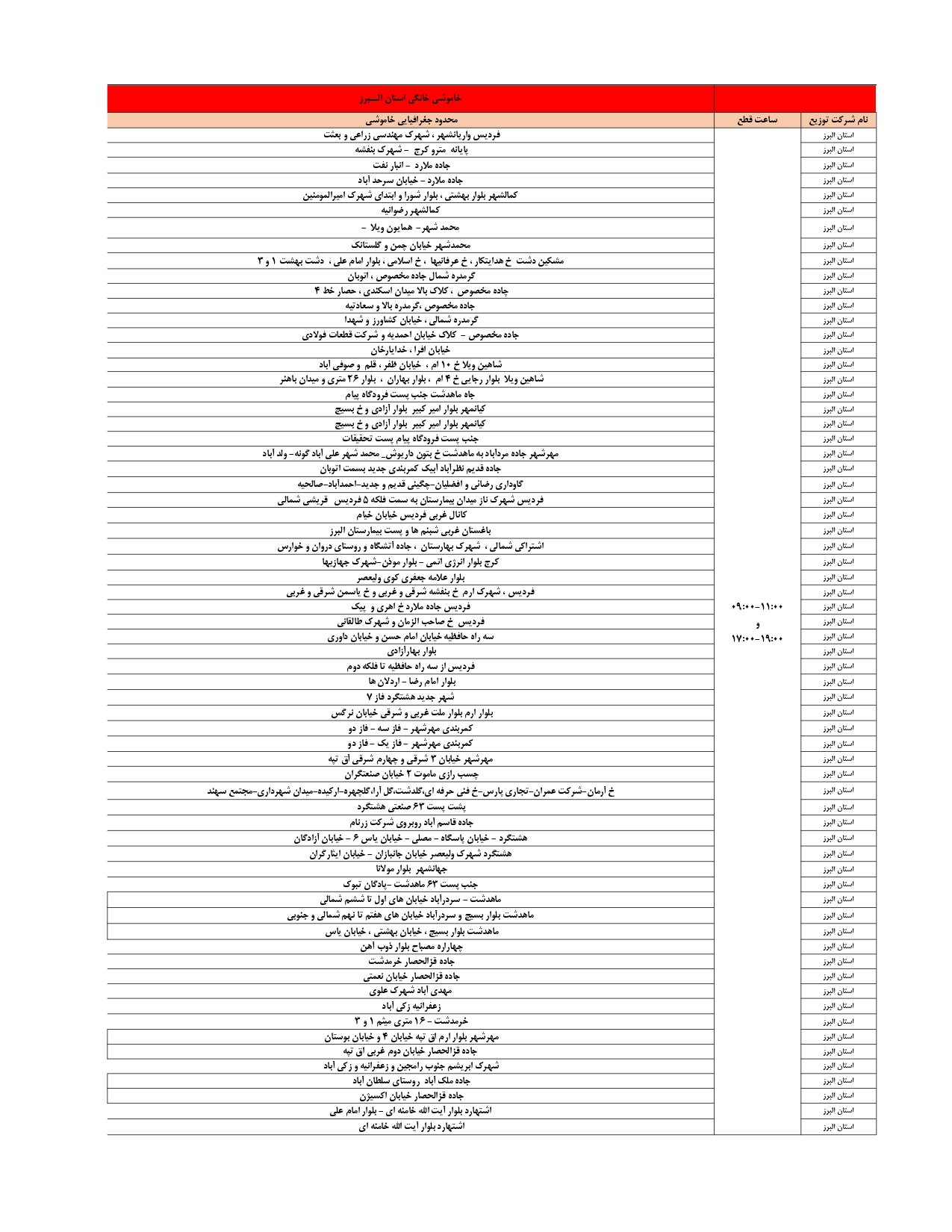 جدول قطعی برق کرج و استان البرز امروز شنبه 25 مرداد 1404 - قاب فردا