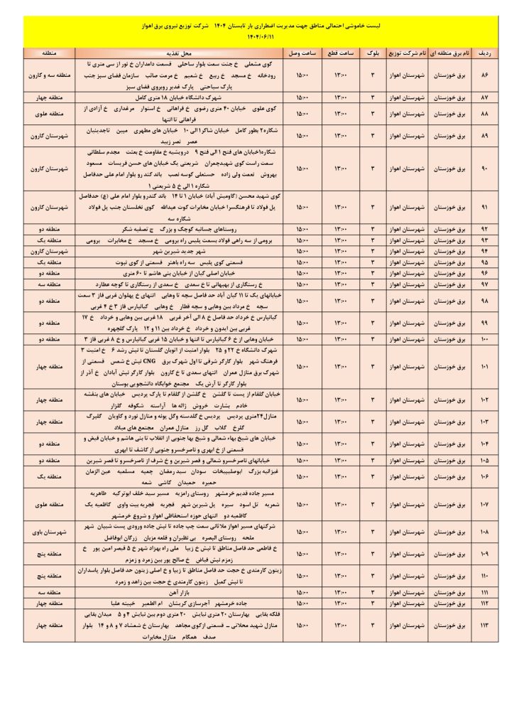 جدول قطعی برق اهواز امروز سه شنبه 11 شهریور 1404 - قاب فردا